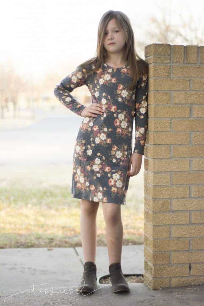 Girls knit dress sewing pattern by Love Notions.