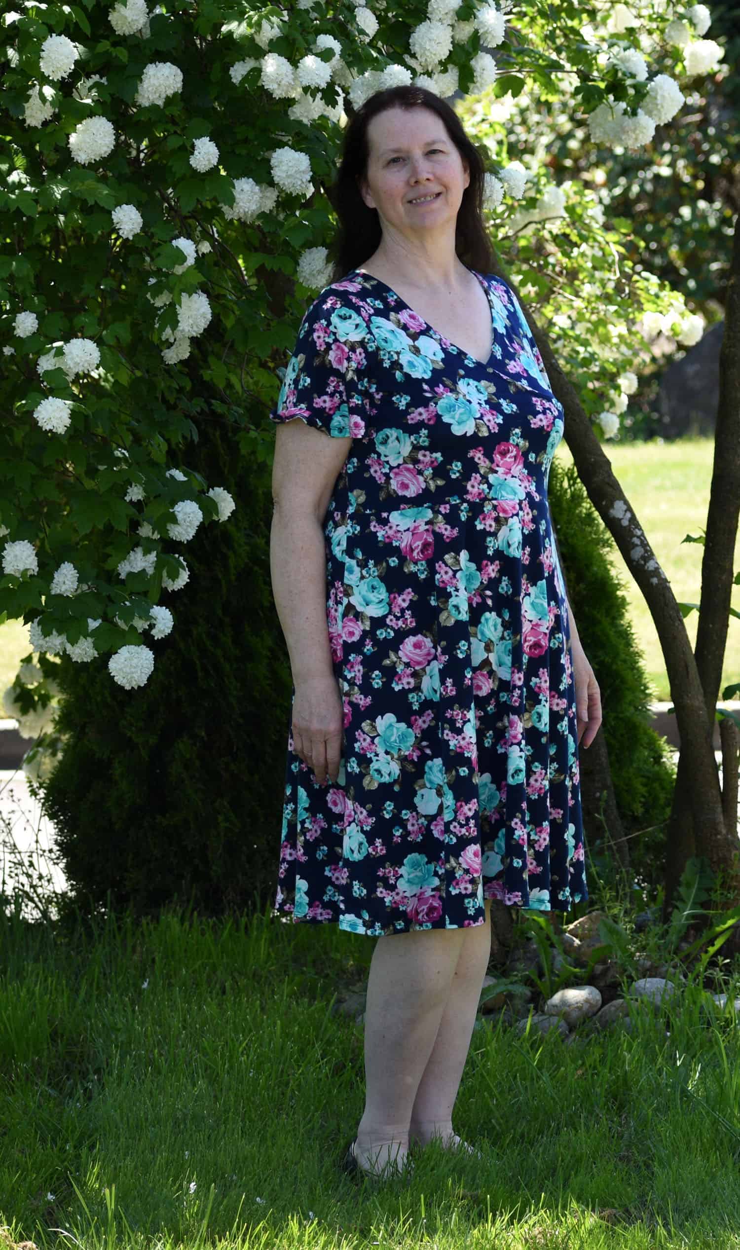 Wrap dress sewing pattern meant for knit fabrics by Love Notions.