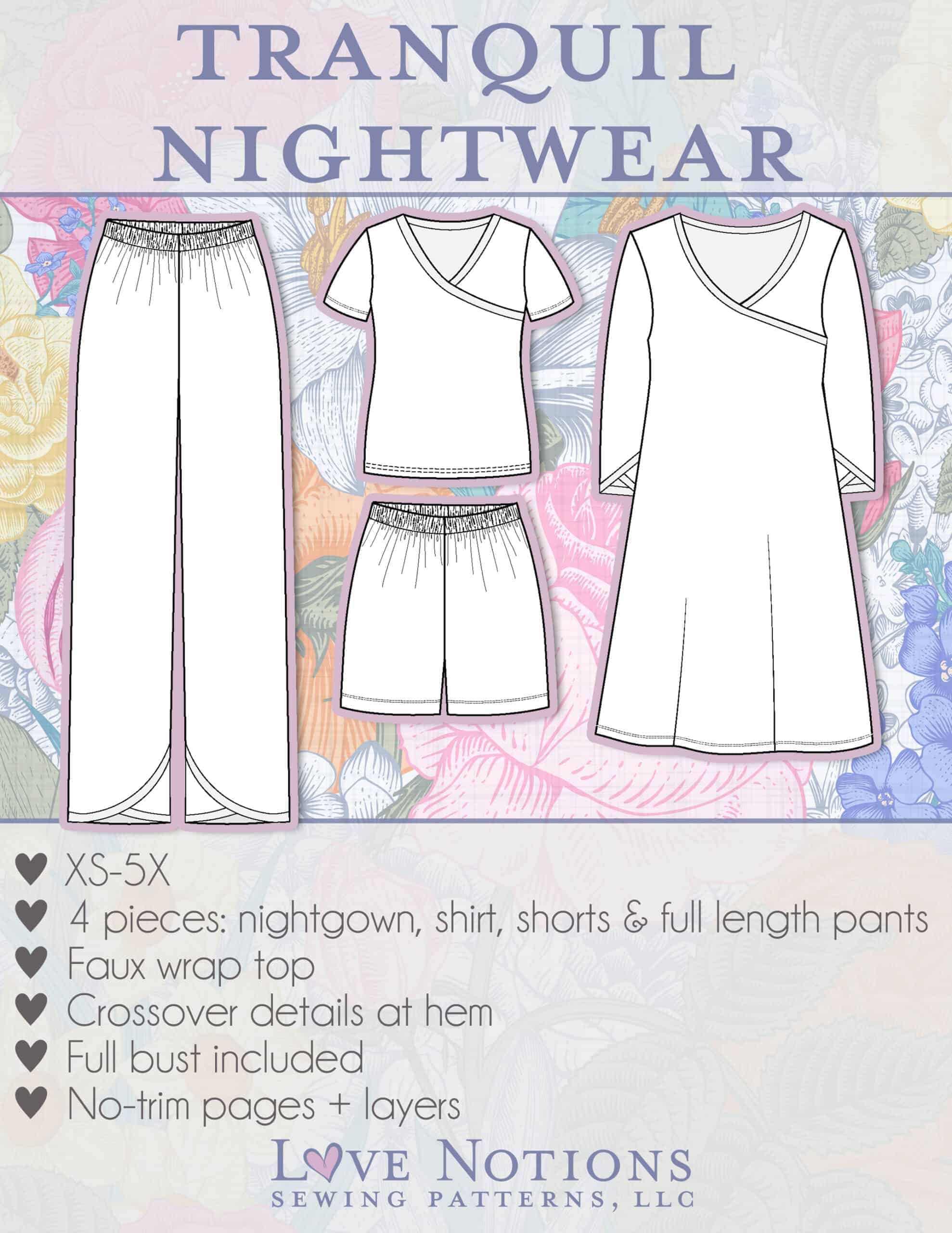 Ladies Tranquil Nightwear pajama pdf sewing pattern by Love Notions